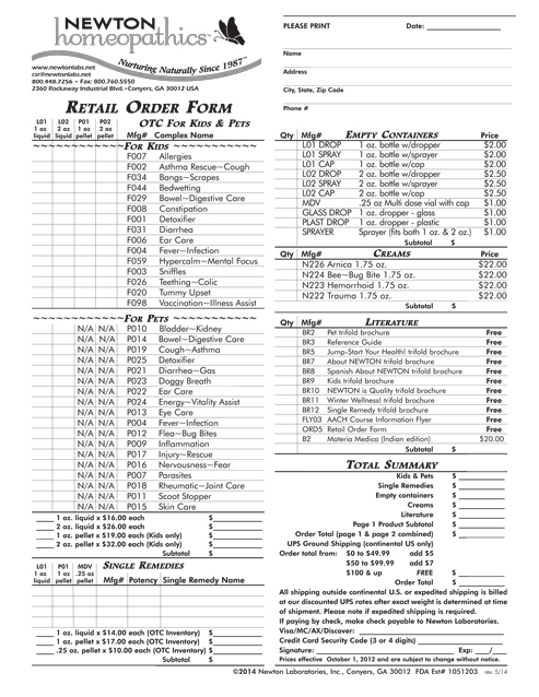 Newton Homeopathics OTC Retail Order Form-Newton Homeopathics